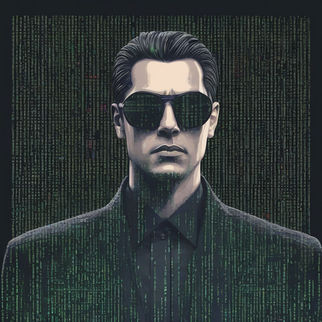 matrix like man with all back hair drawn in source code - Discover ...