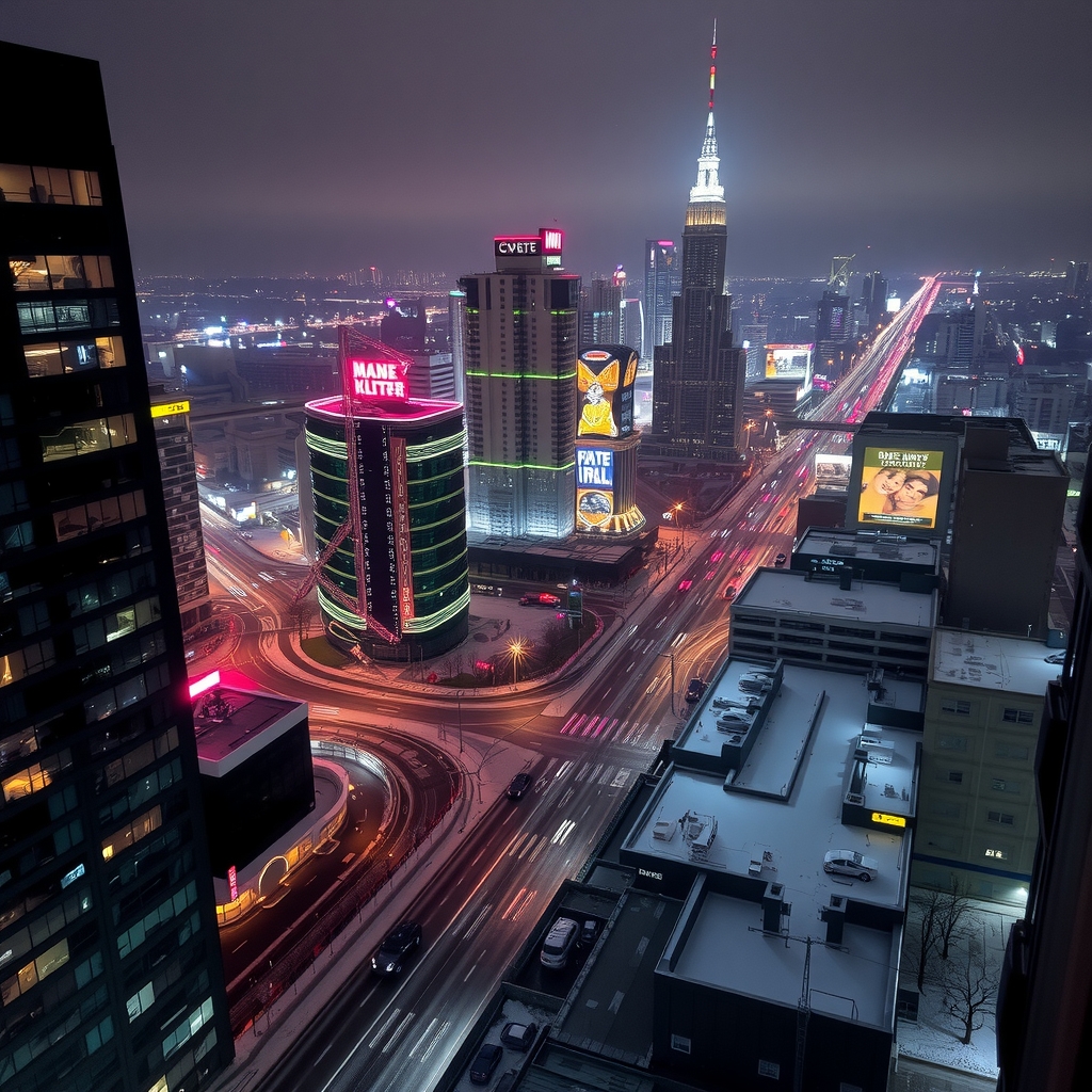 neon nights skyline from high rise buildings city highway winter snow ...