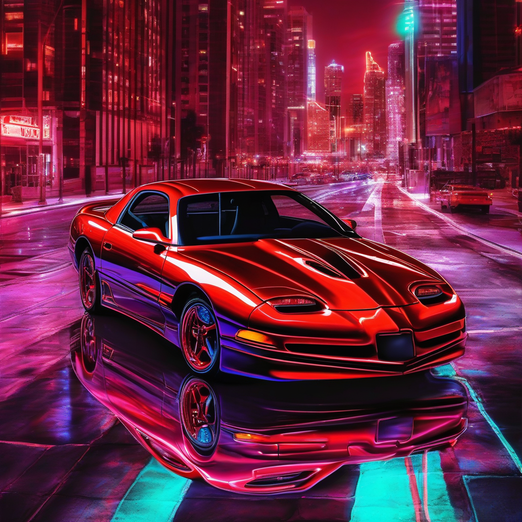 create a red 1993 pontiac firebird image in a neon lit city - Discover ...