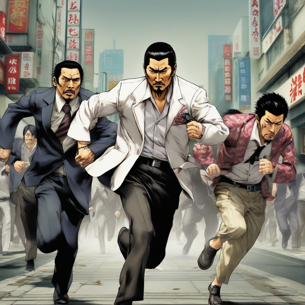 yakuza chasing two people - 畫廊 - 免費AI圖像生成工具 | AIGAZOU