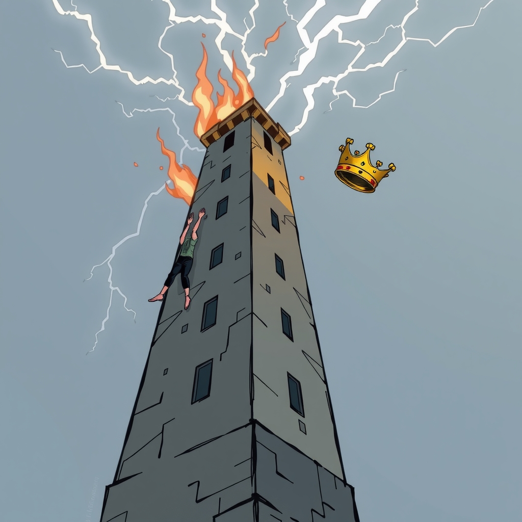 lightning fire narrow tall tower two people falling golden crown ...
